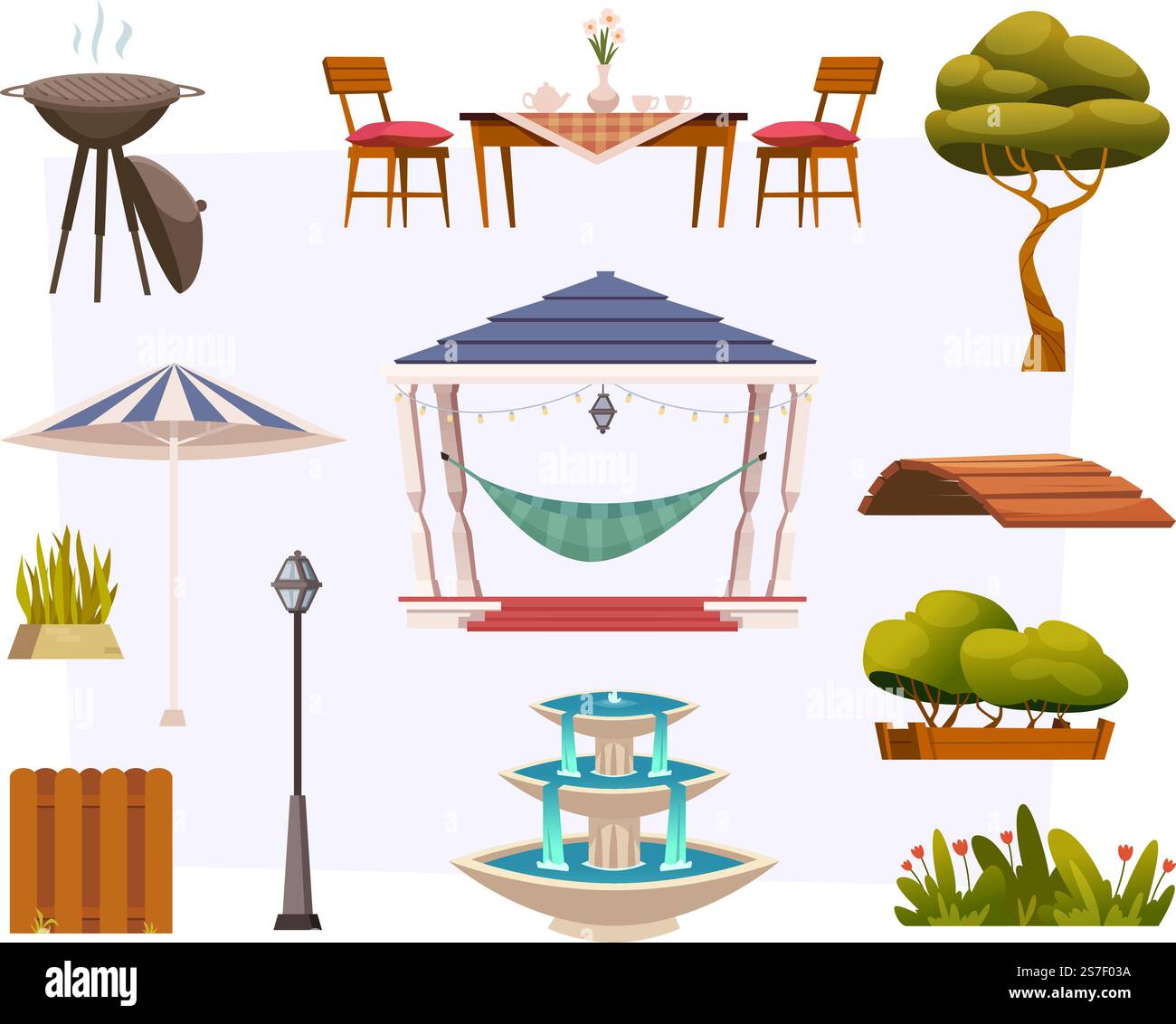 Garden furniture. Outdoor elements chair tables fireplace hammock relax ...