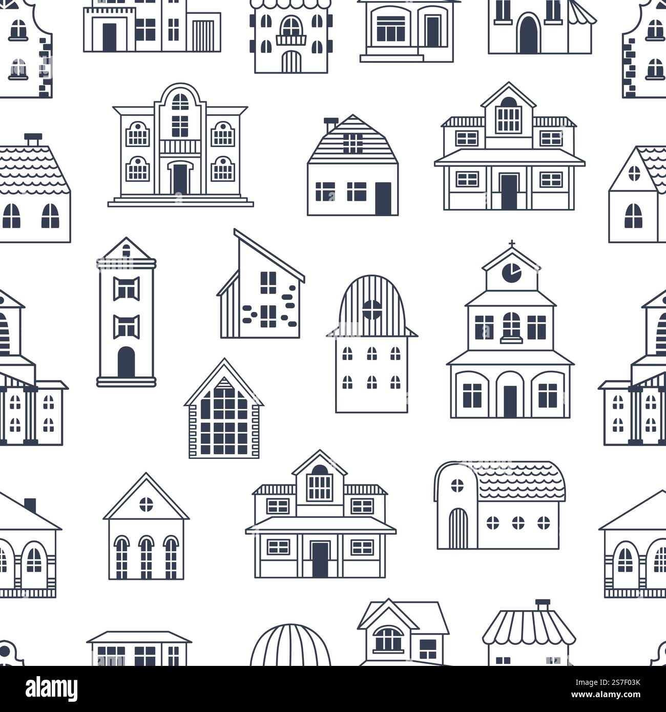 Cute doodle homes seamless pattern. Tiny houses, line architecture ...