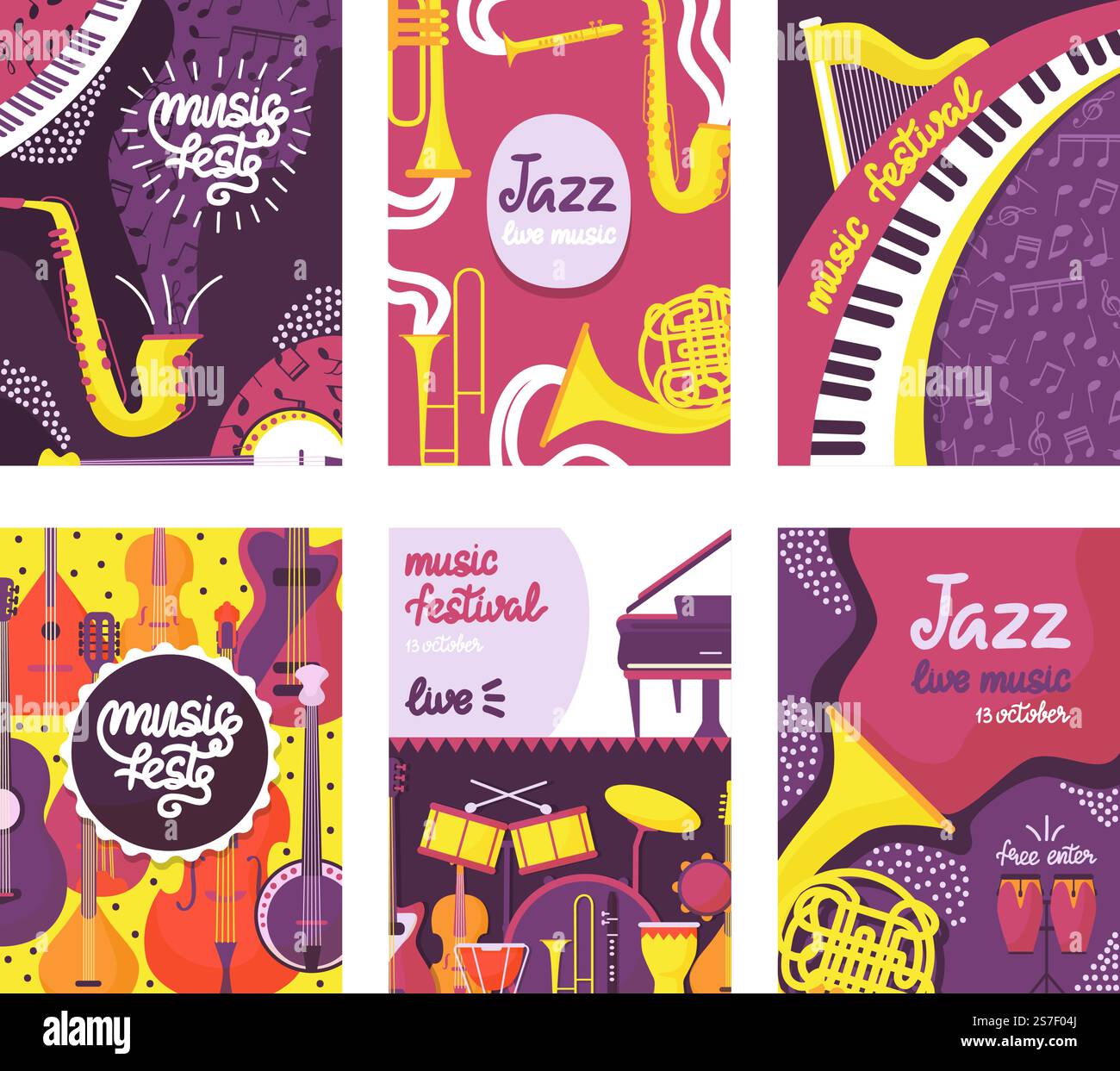 Music festival posters with instruments. Jazz street fest flyers ...