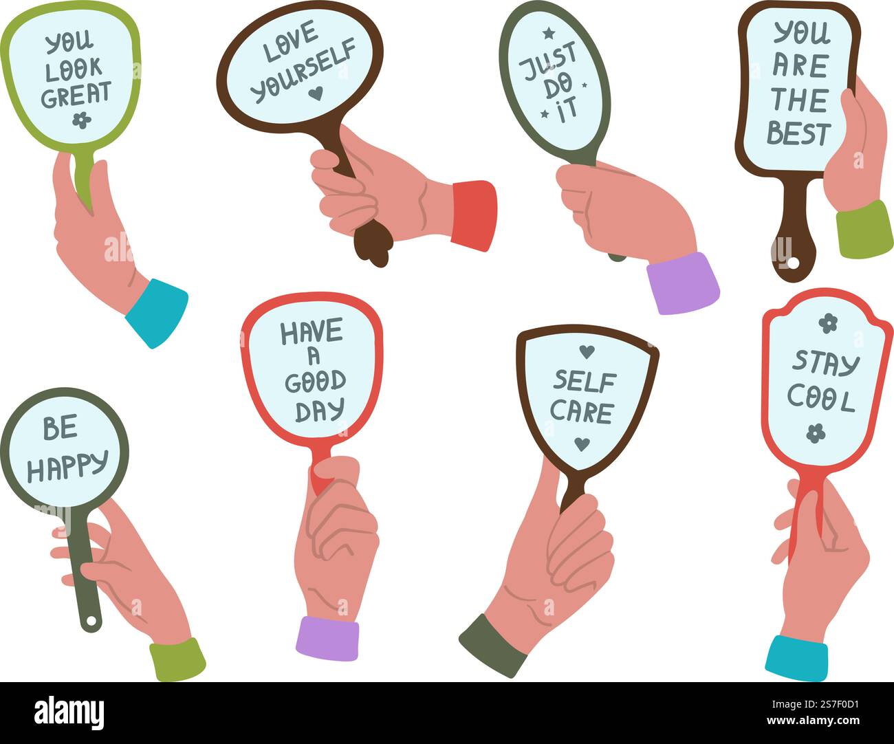 Support mirror in people hands. Person looking in mirrors with ...