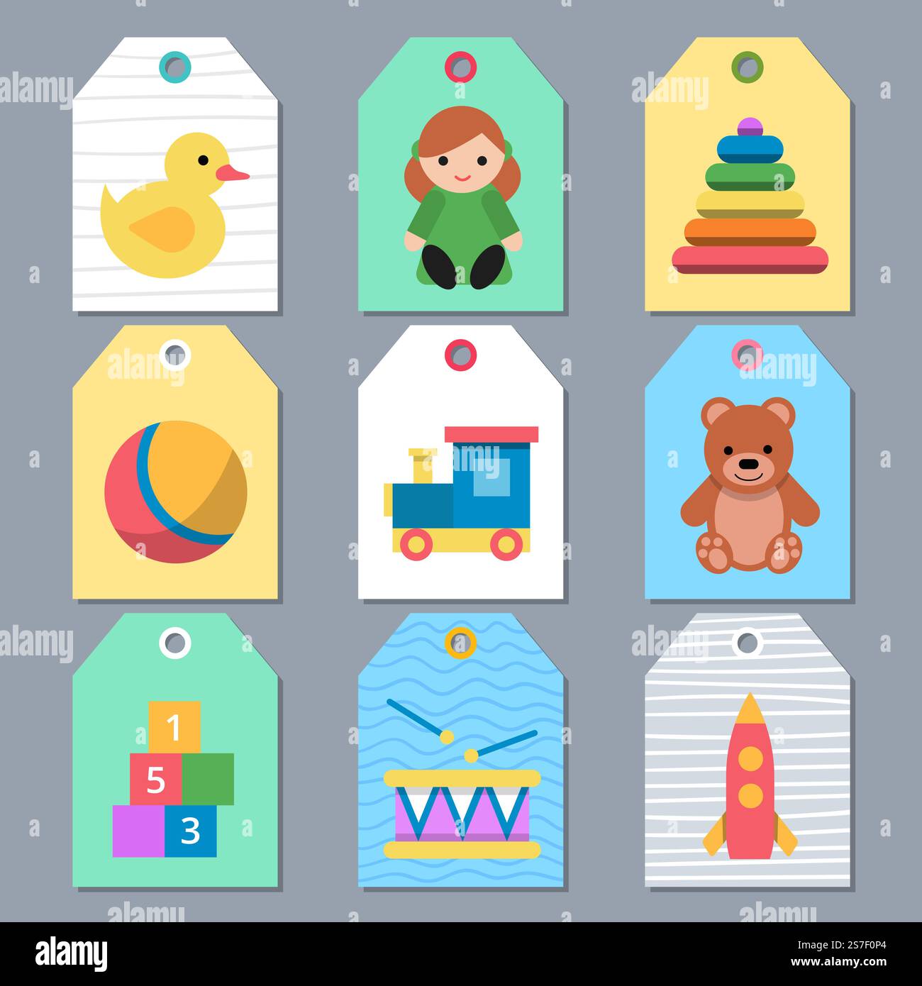 Toys cards. tags with children toys ball doll teddy bear. Vector ...