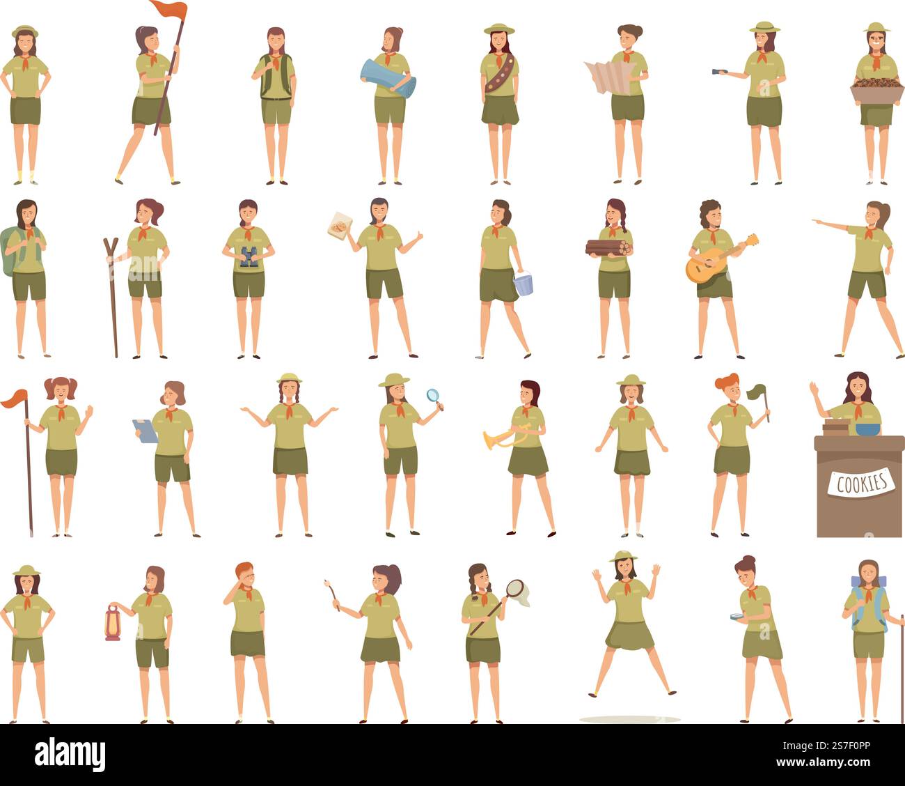 Girl scouts icons set cartoon vector. Adventure outfit. Child camp ...