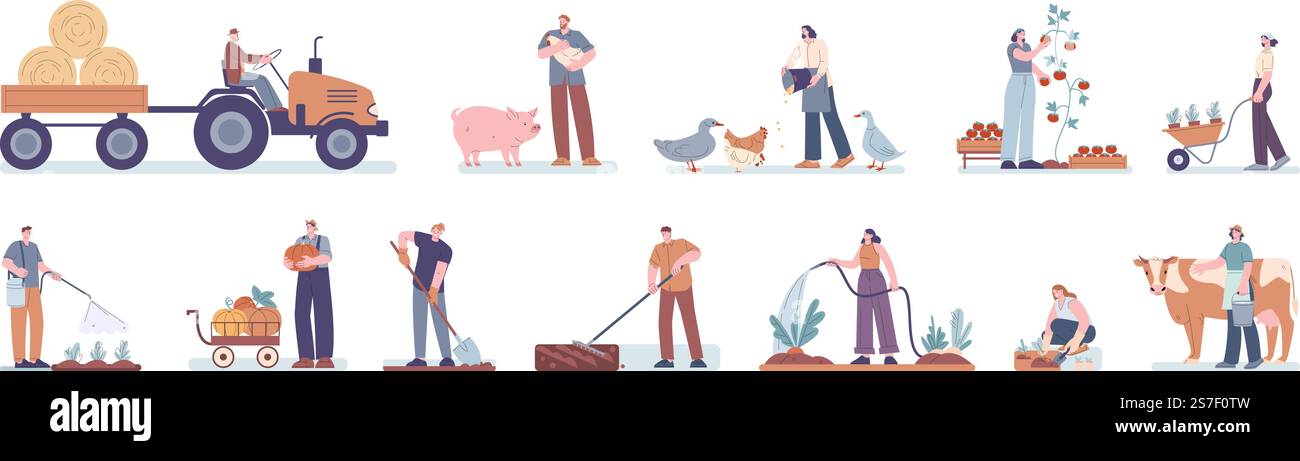 Cartoon farmers planting and care animals. Rural farmer working ...