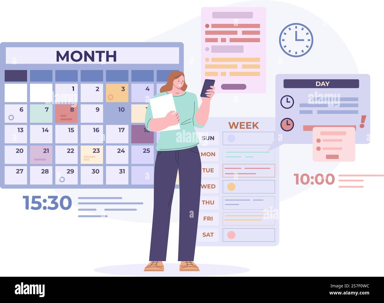 Woman monthly schedule. Businesswoman and calender, plans on month and ...