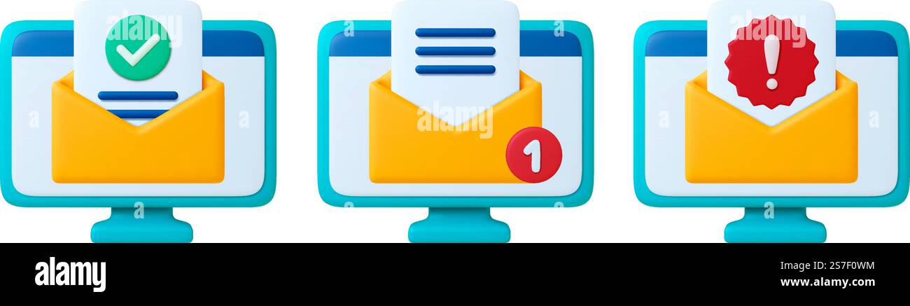 Mail client 3D icons. Email on computer screen, error message and new ...