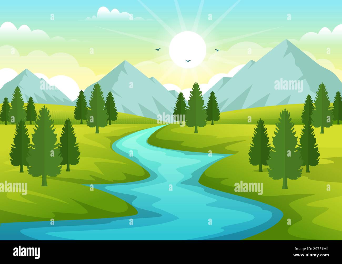 River Landscape Illustration with View Mountains, Green Fields, Trees ...