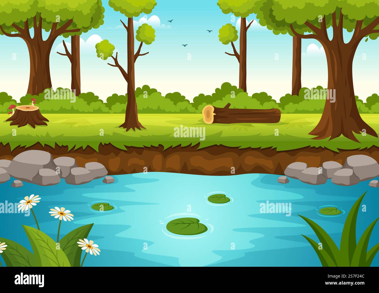 River Landscape Illustration with View Mountains, Green Fields, Trees ...