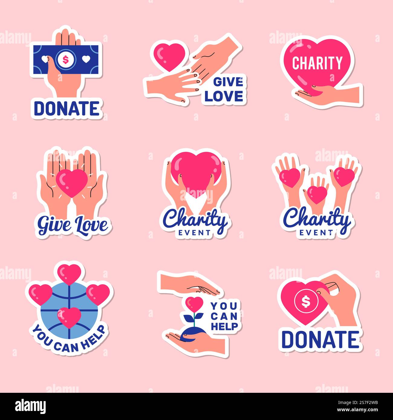 Donation emblems. Humanity and charity colored symbols recent vector ...
