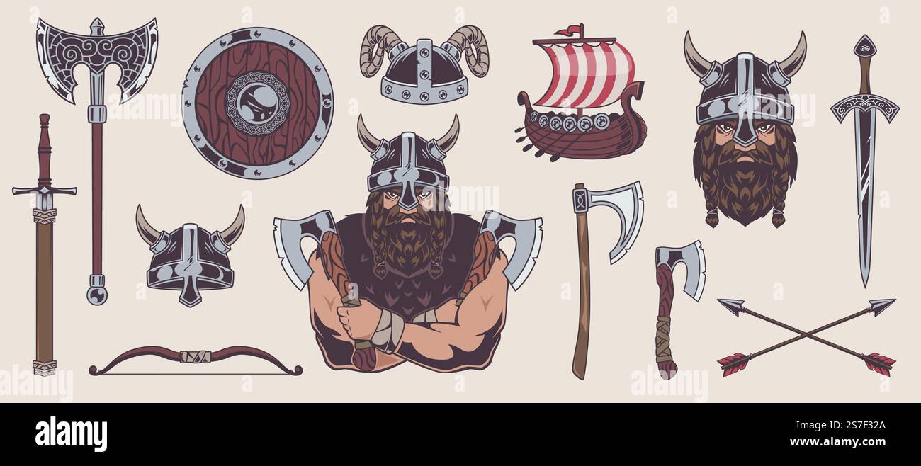 Vikings. Ancient barbarians with aggressive weapons and armors elements sword axe exact vector ...