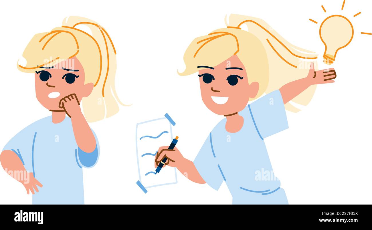 kid girl think answer vector. question child, mark doubt, student boy ...