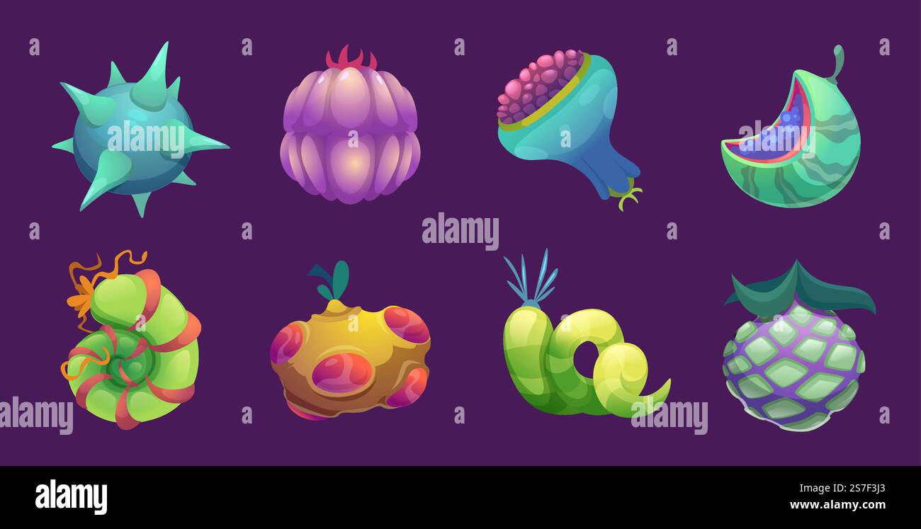 Fantasy fruits. Fairytale decorative comic plants magic fruits for game ...