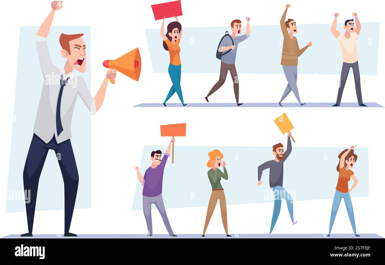 Protested people. Strike crowd with banners holding demonstration ...