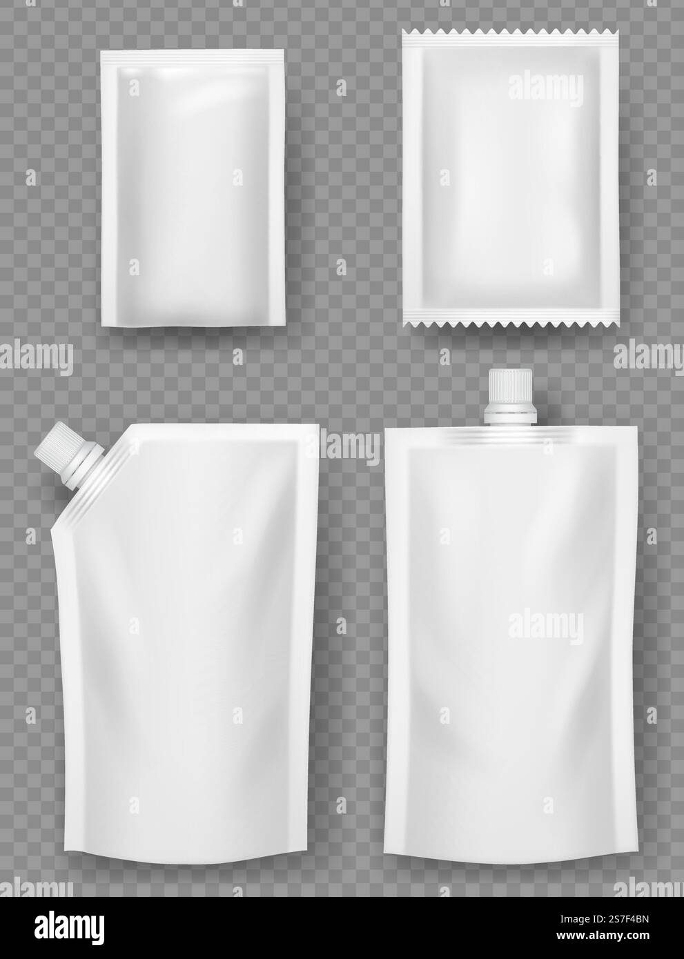 Plastic pouches. Containers white mockup templates of plastic packages ...