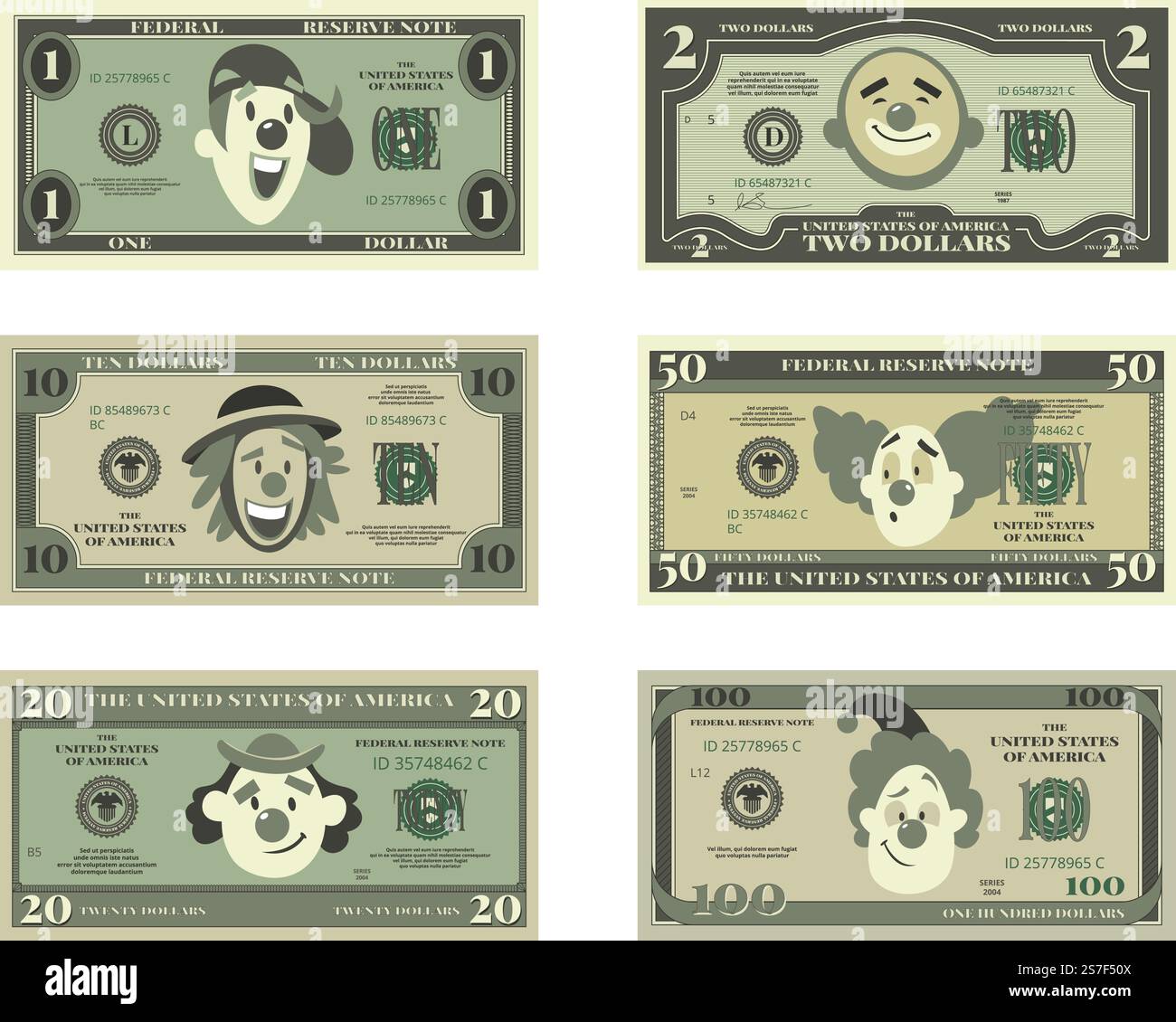 Money template. print design of money with funny clown faces. vector ...