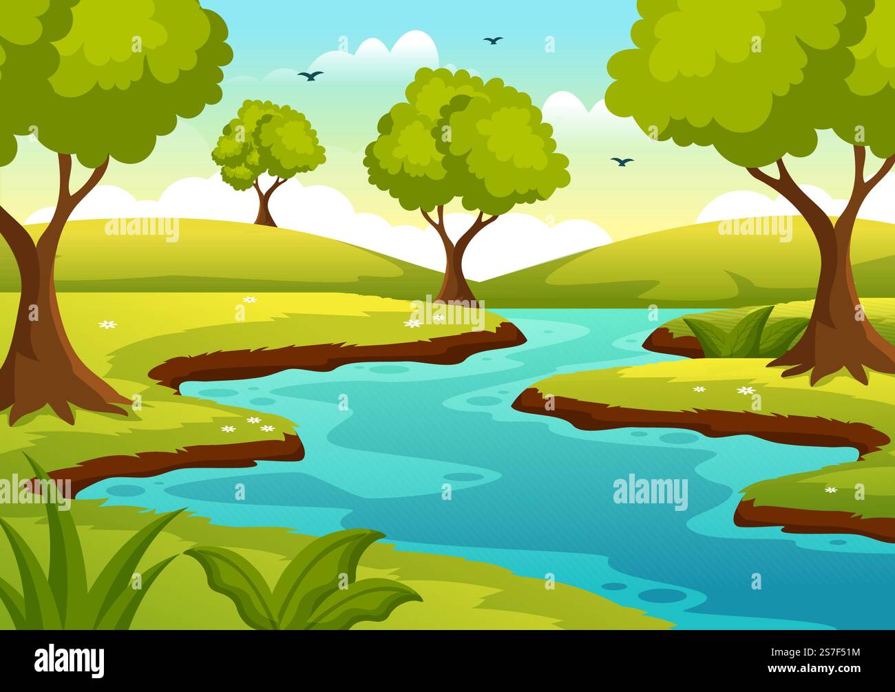 River Landscape Illustration with View Mountains, Green Fields, Trees ...