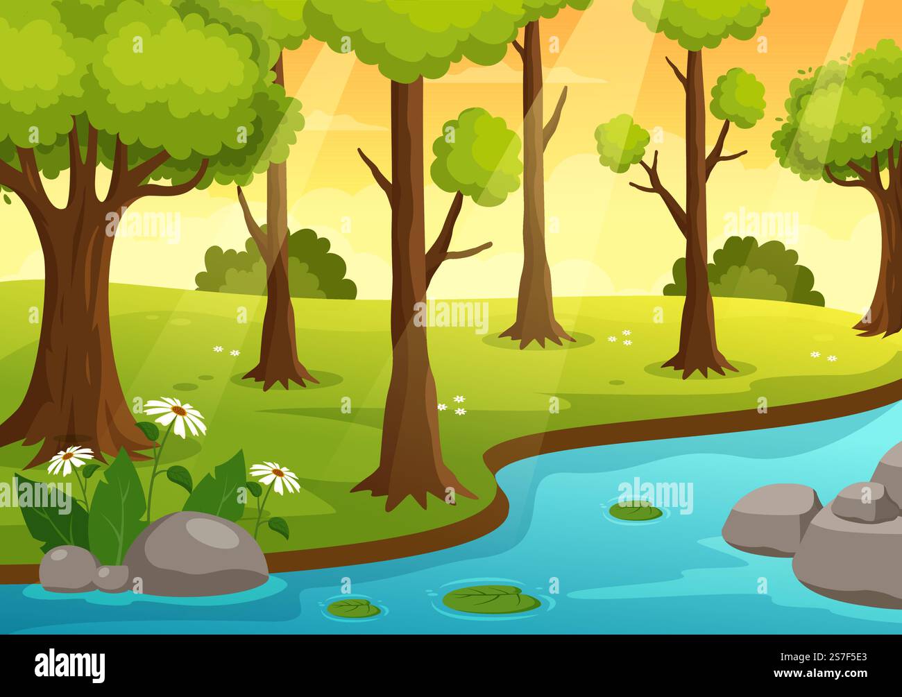 River Landscape Illustration with View Mountains, Green Fields, Trees ...