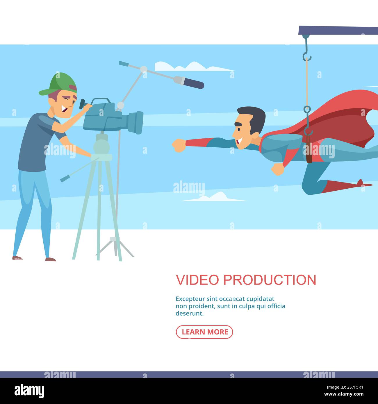 Video production. camera operator filming flying super hero. Vector ...