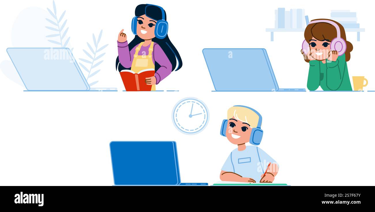 kid online learning vector. child home, laptop internet, study school ...