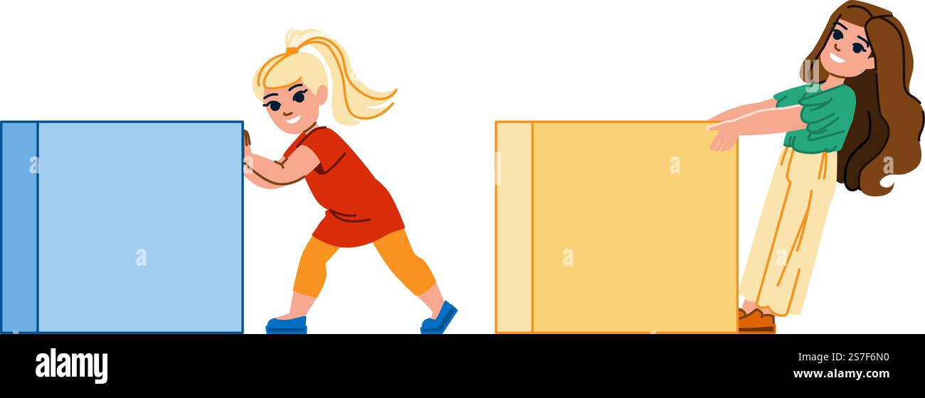 kid girl push pull vector. cube game, tug war, children outdoor, cute ... kid girl push pull vector. cube game, tug war, children outdoor, cute ...