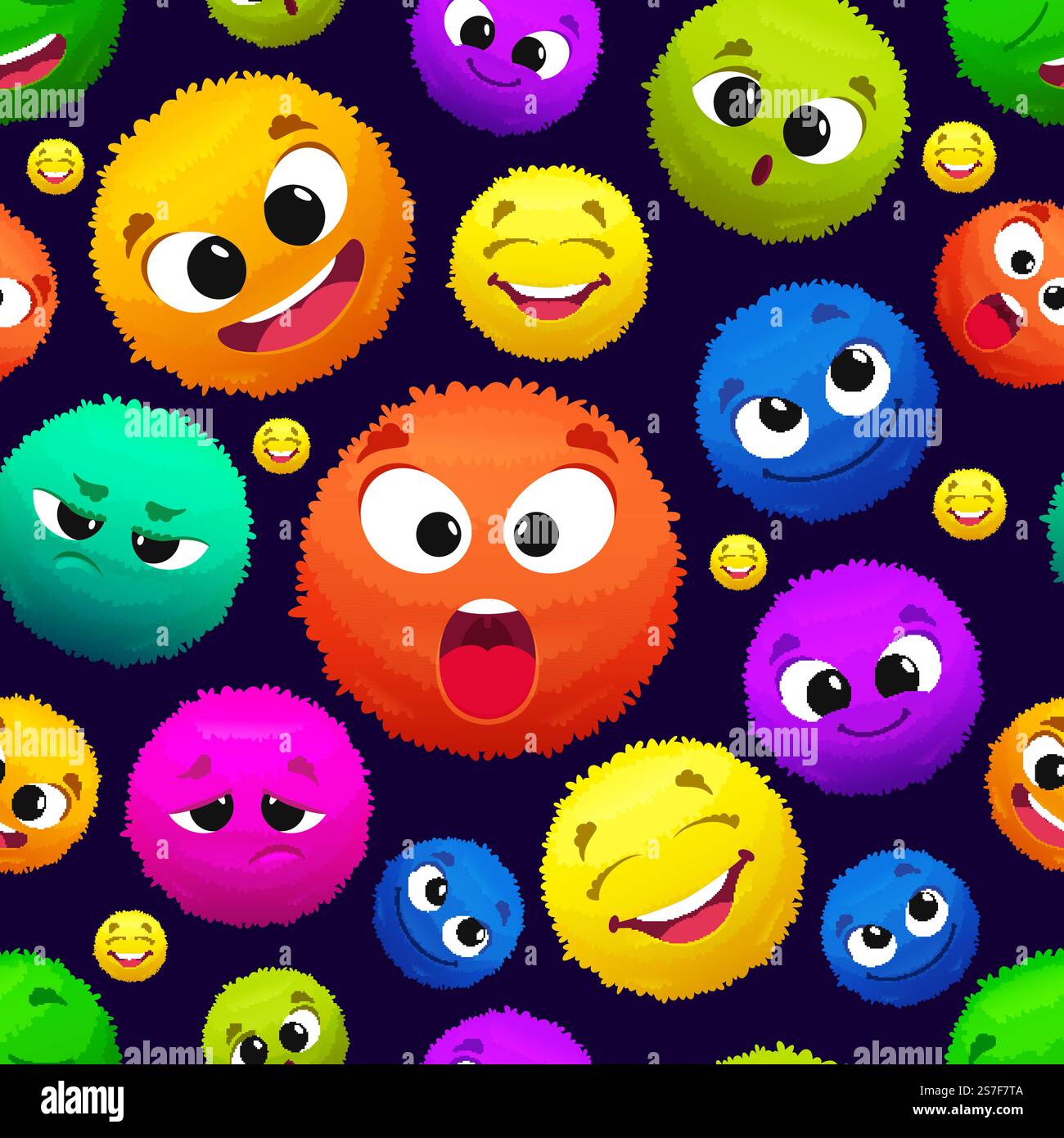 Fluffy emoticons pattern. colored round fluffy characters. Vector ...