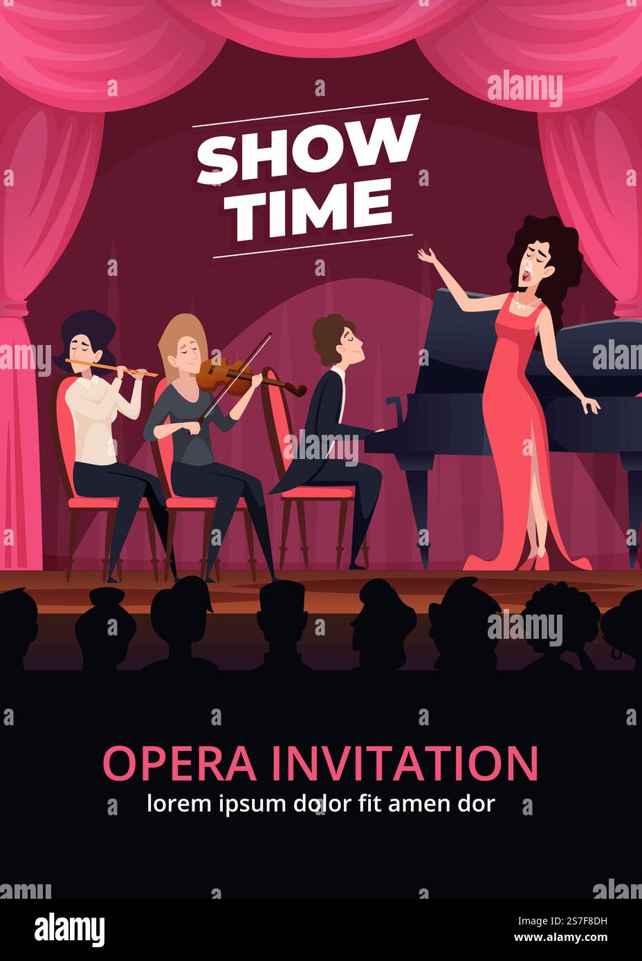 Opera invitation. Night show performance placard with music band ...