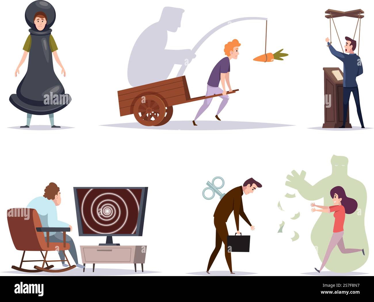 People manipulation. Psychology puppets controlling persons businessmen ...