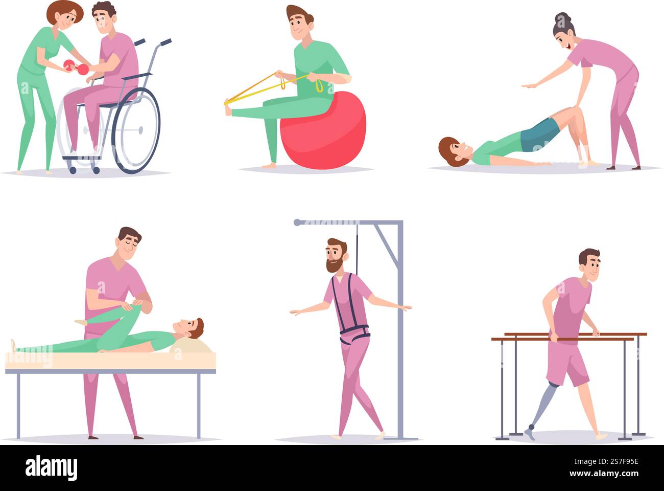 Rehabilitation. Medical illustrations recruitment and physiotherapy treatment rehabilitation of ...