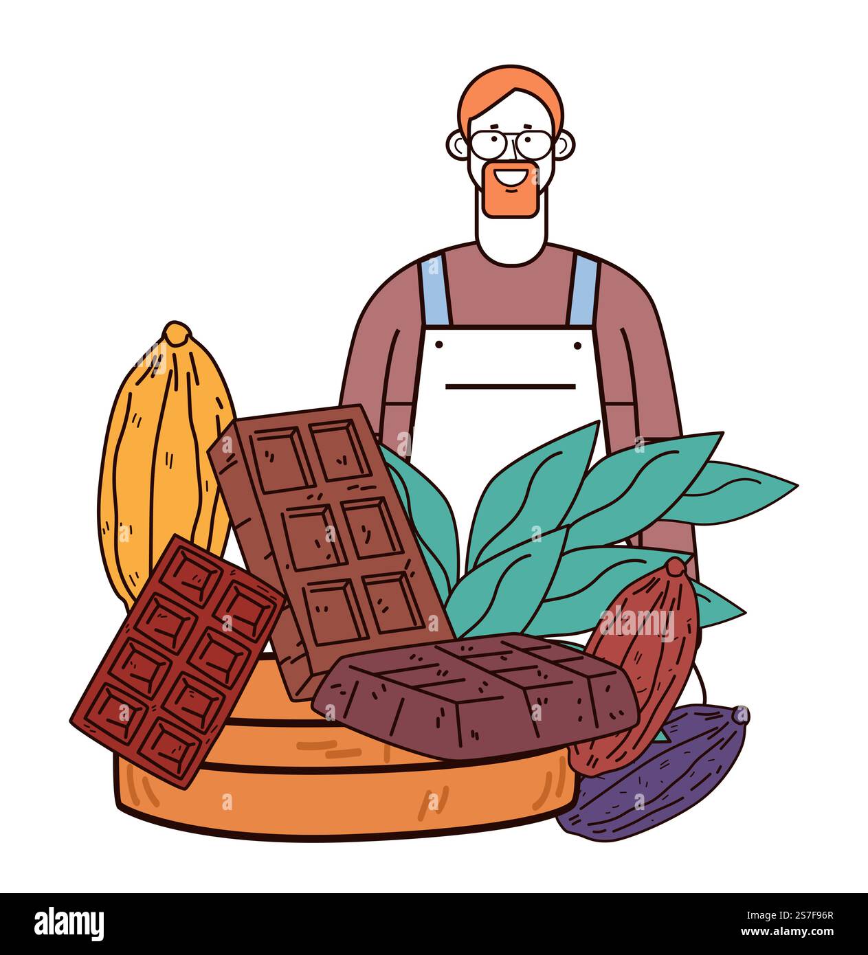 Chocolate maker with cocoa pods and leaves features prominently. Person ...