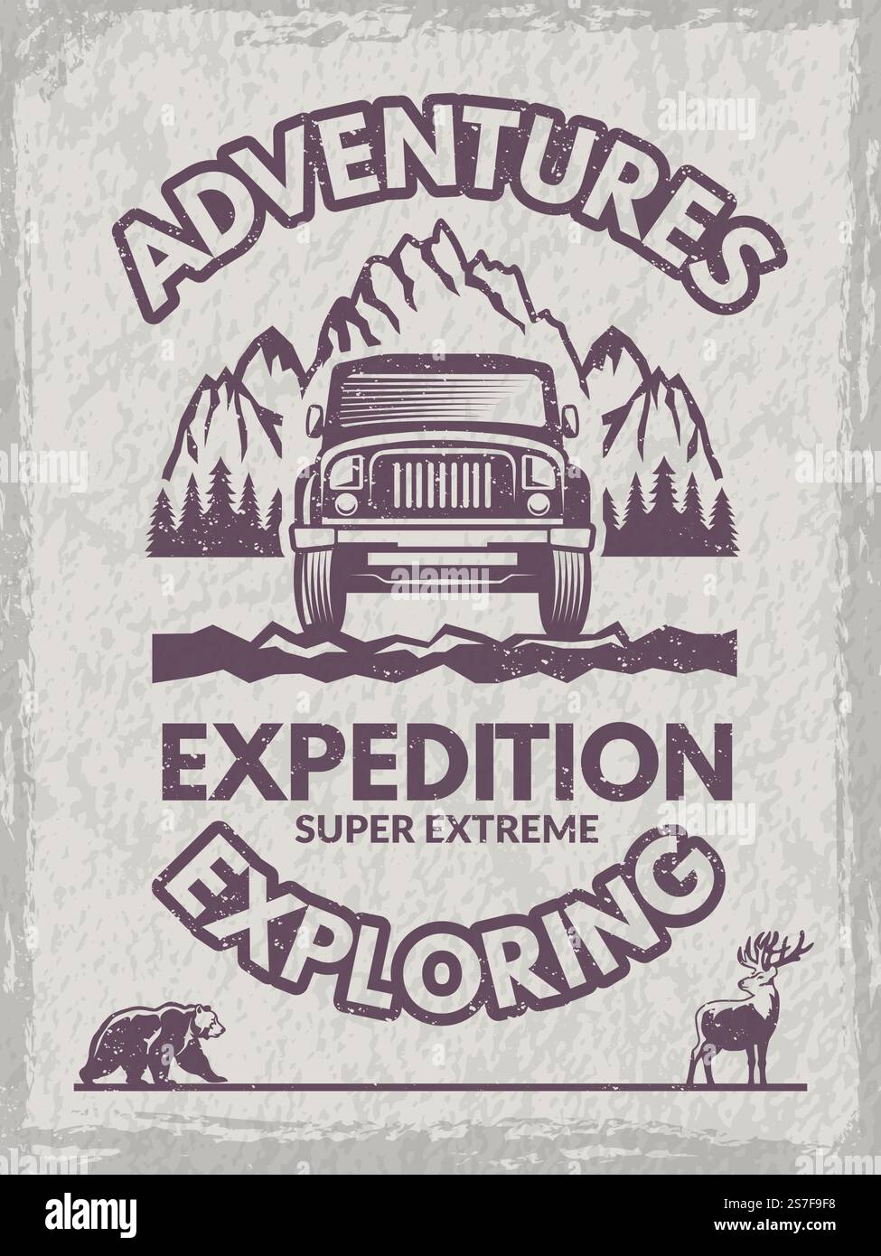 Exploration poster. placard with symbols of wild adventure on suv car ...