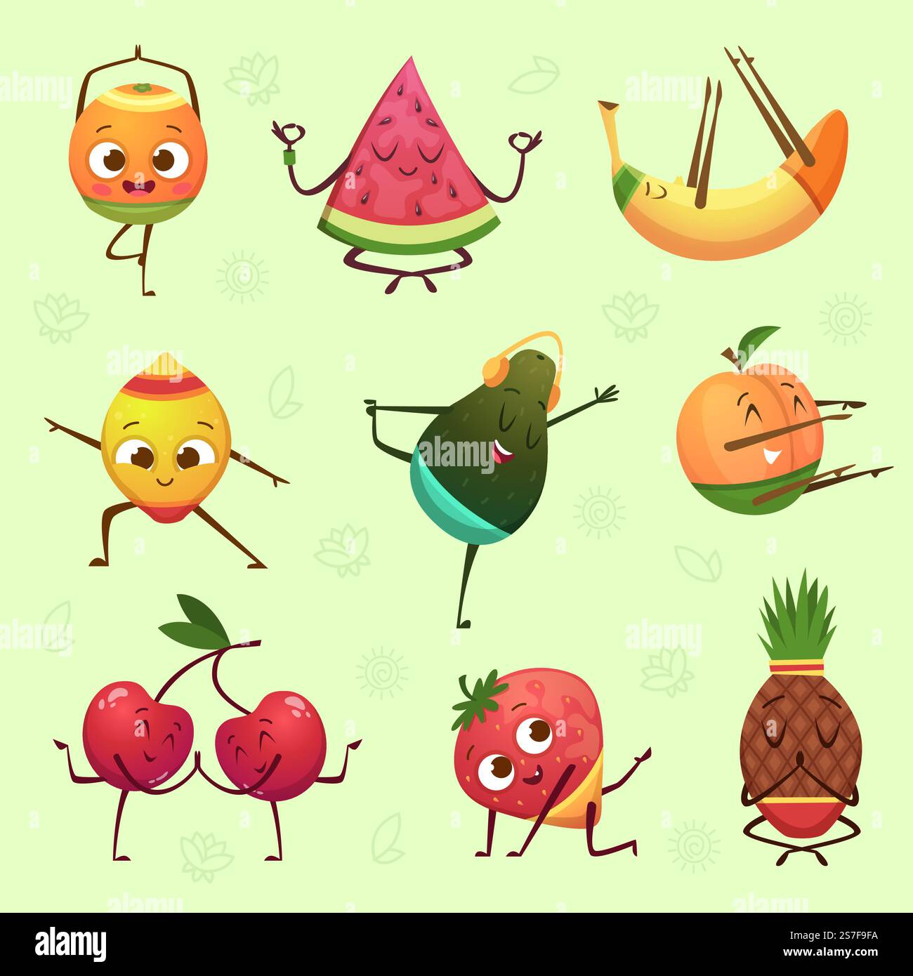 Yoga fruits poses. Fresh fruits and vegetables with funny faces making ...