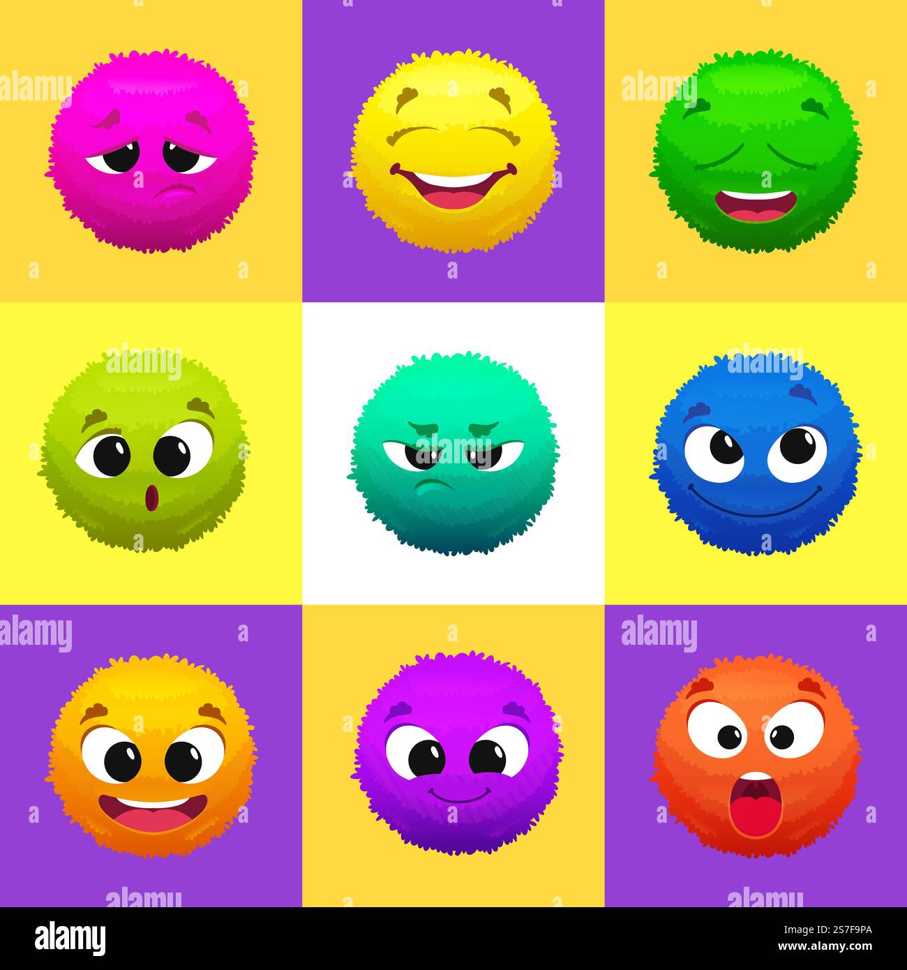Fluffy emoticons. funny cartoon faces on colored emoticons. Vector ...