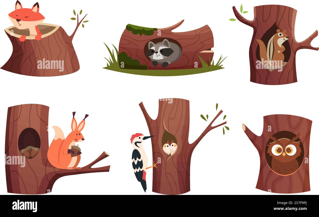 Animals in tree holes. Wild wooden animals living in forest cozy hollow ...