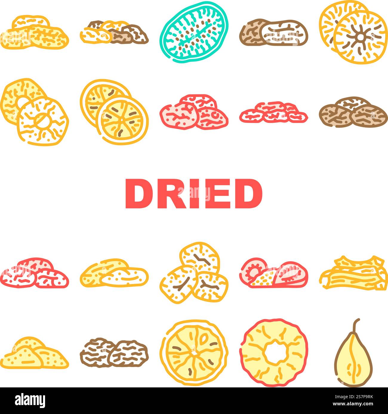 fruit dry snack nut mix icons set vector. food healthy, bowl top ...