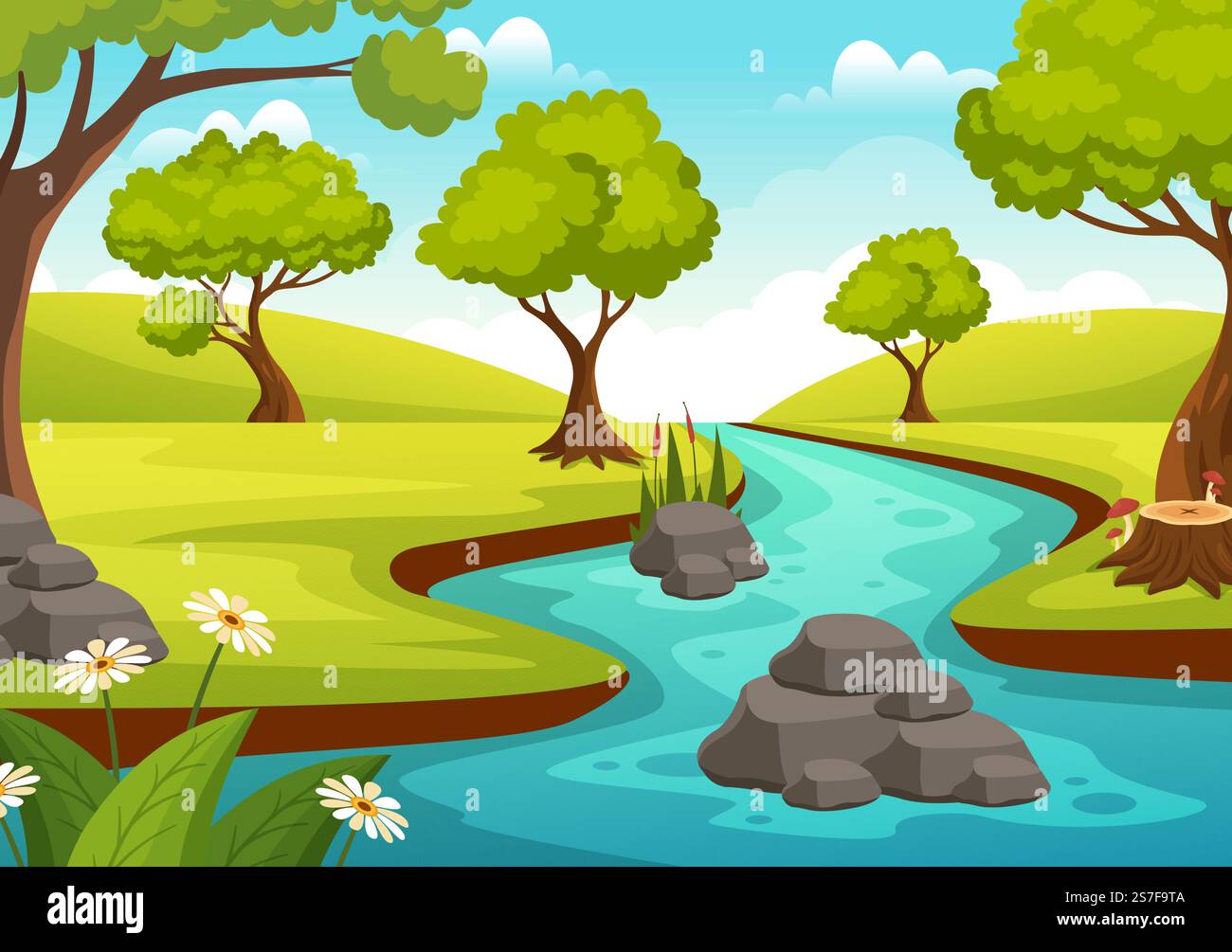 River Landscape Illustration with View Mountains, Green Fields, Trees ...