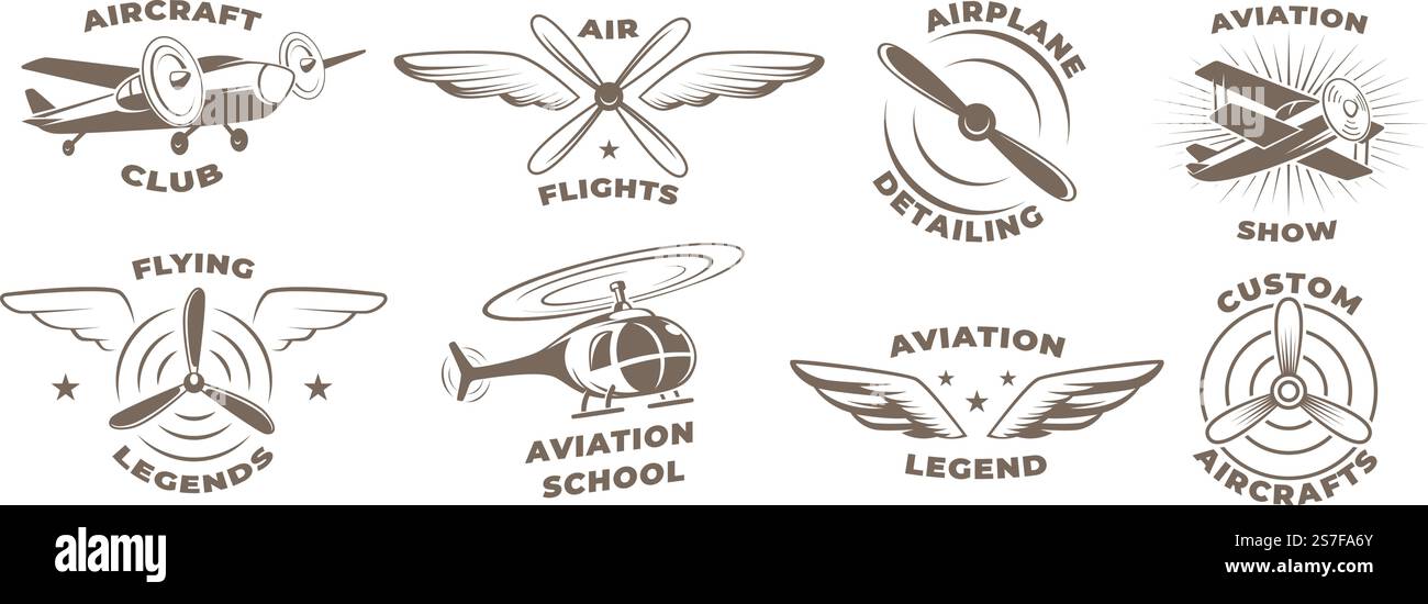 Airplanes badges. Aviators symbols propellers wings of airplanes exact ...