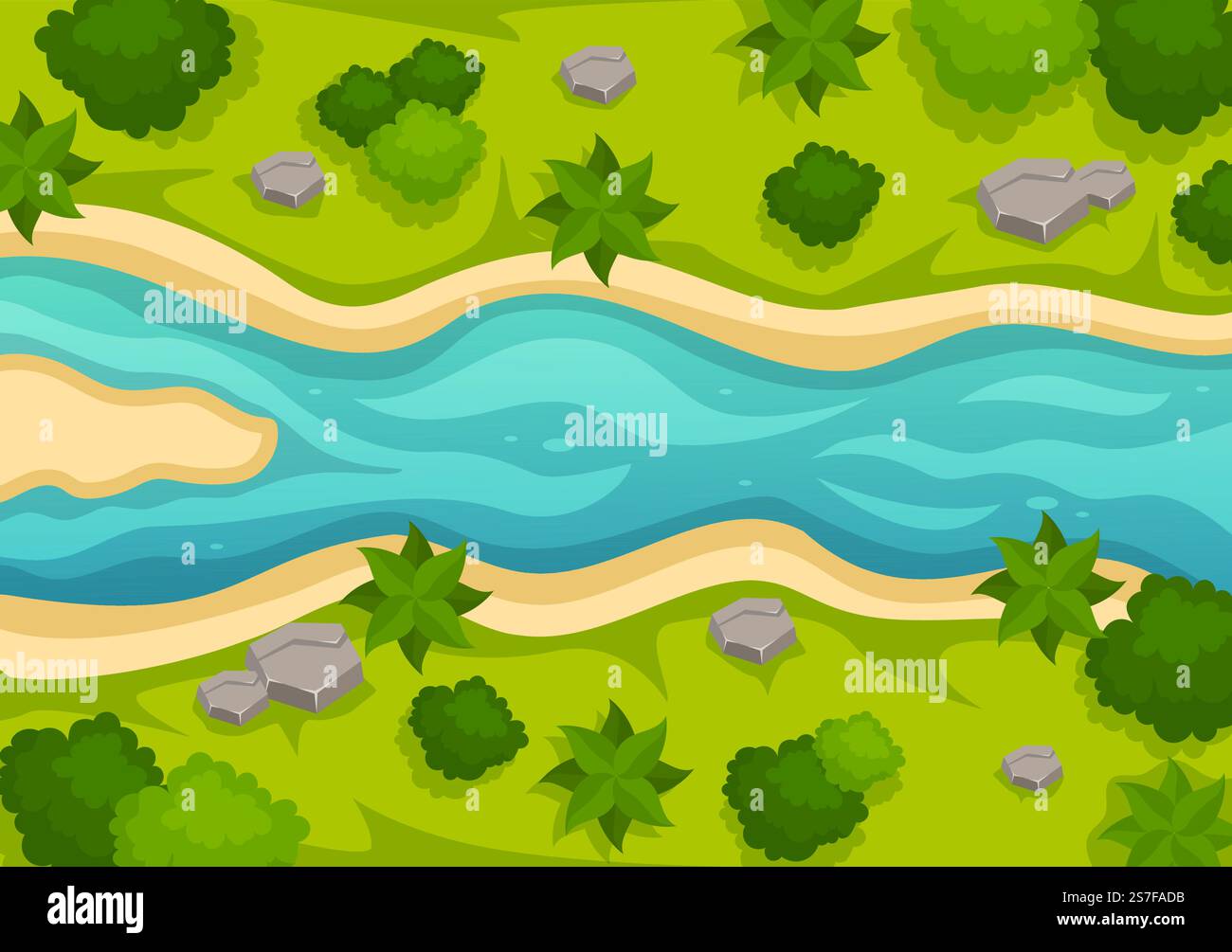 River Landscape Illustration with View Mountains, Green Fields, Trees ...