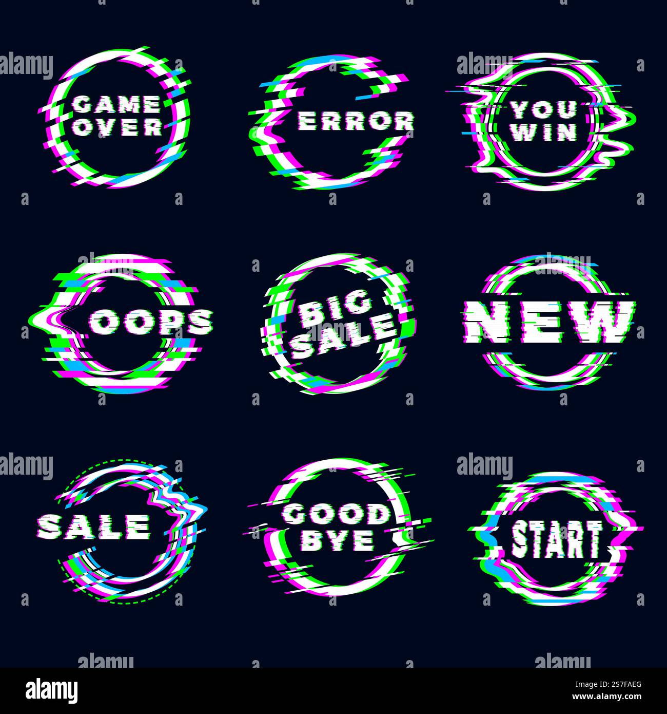 Glitches badges. Grunge abstract circles frames with personal text ...