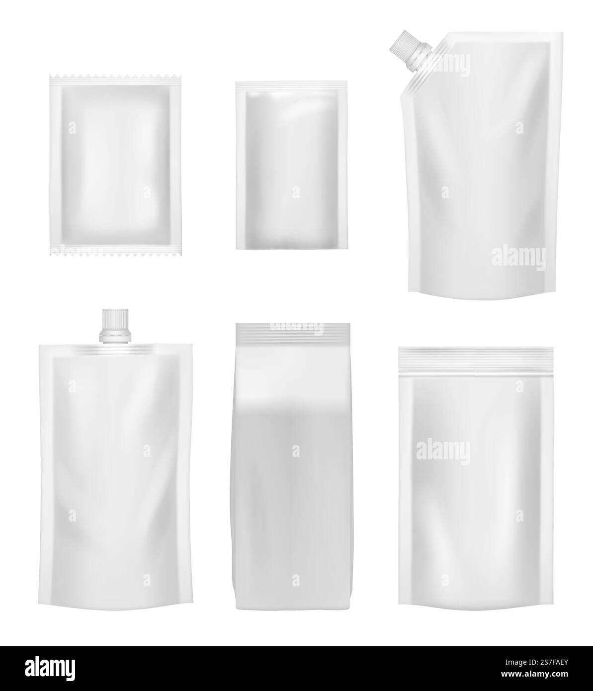 Pouches for food. Plastic packages white mockup templates decent vector ...