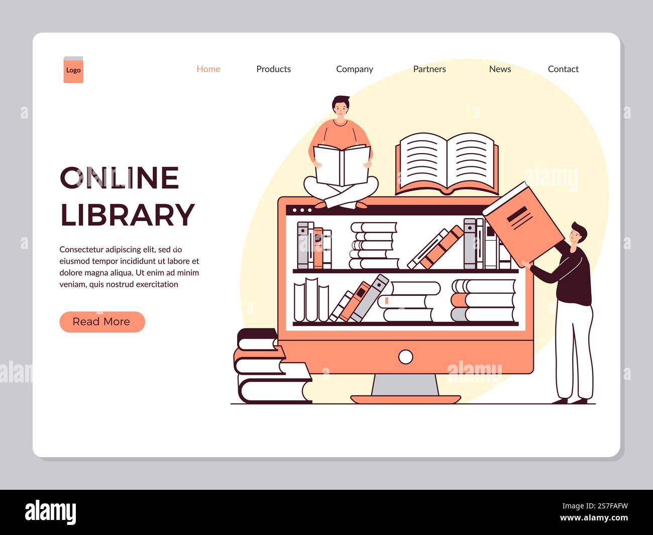 Online library landing. Web page template of distance education reading ...