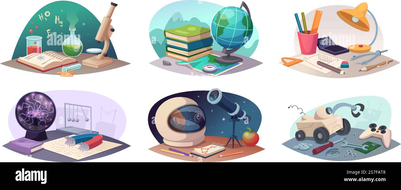 Science symbols. Education stuff colored cartoon pictures of astronomy ...