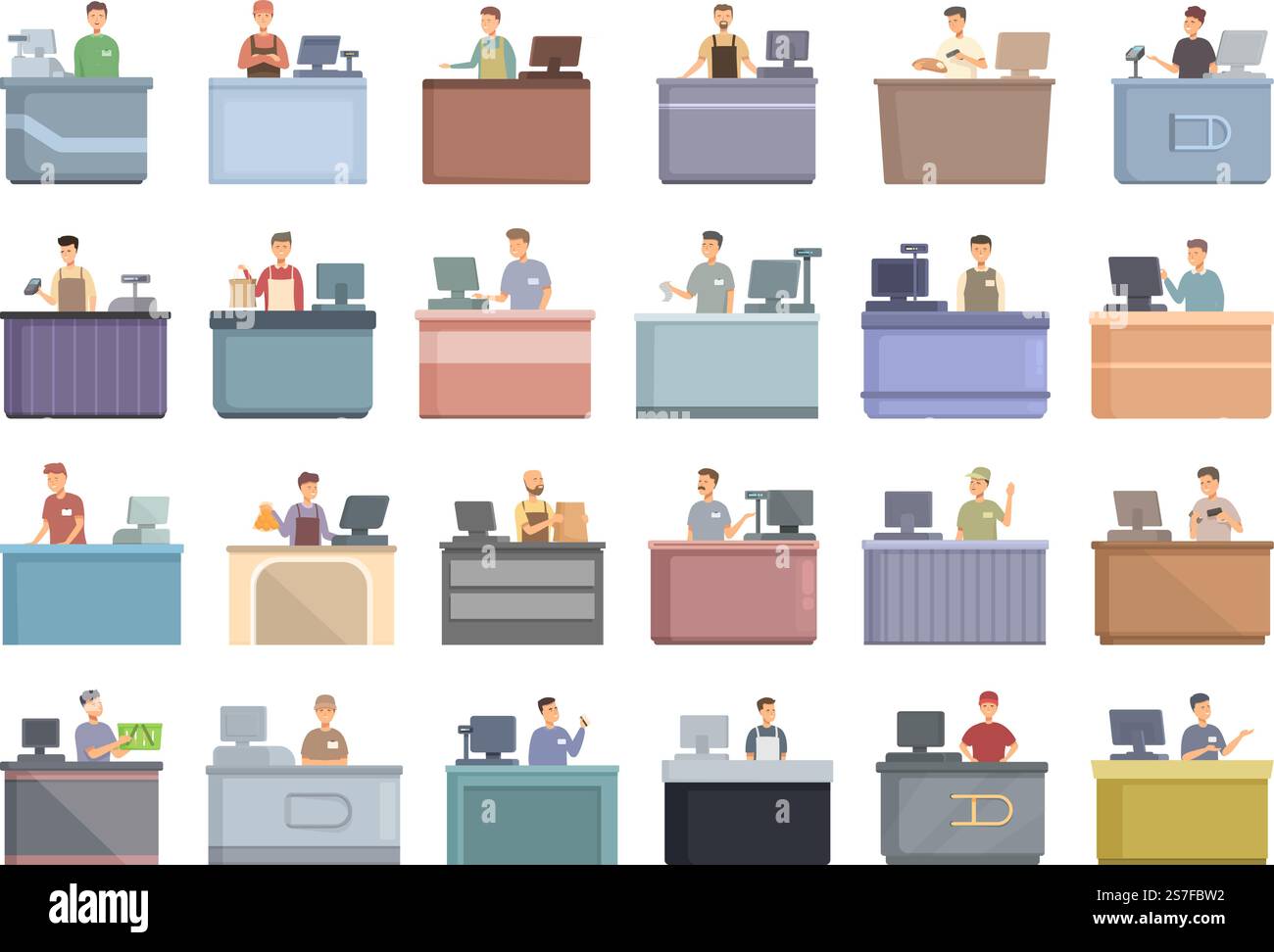 Male Cashier icons set cartoon vector. Retail customer. Shop desk. Male ...
