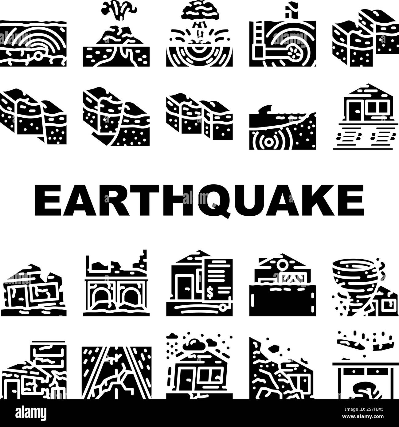 earthquake damage destruction icons set vector. quake disaster, map ...
