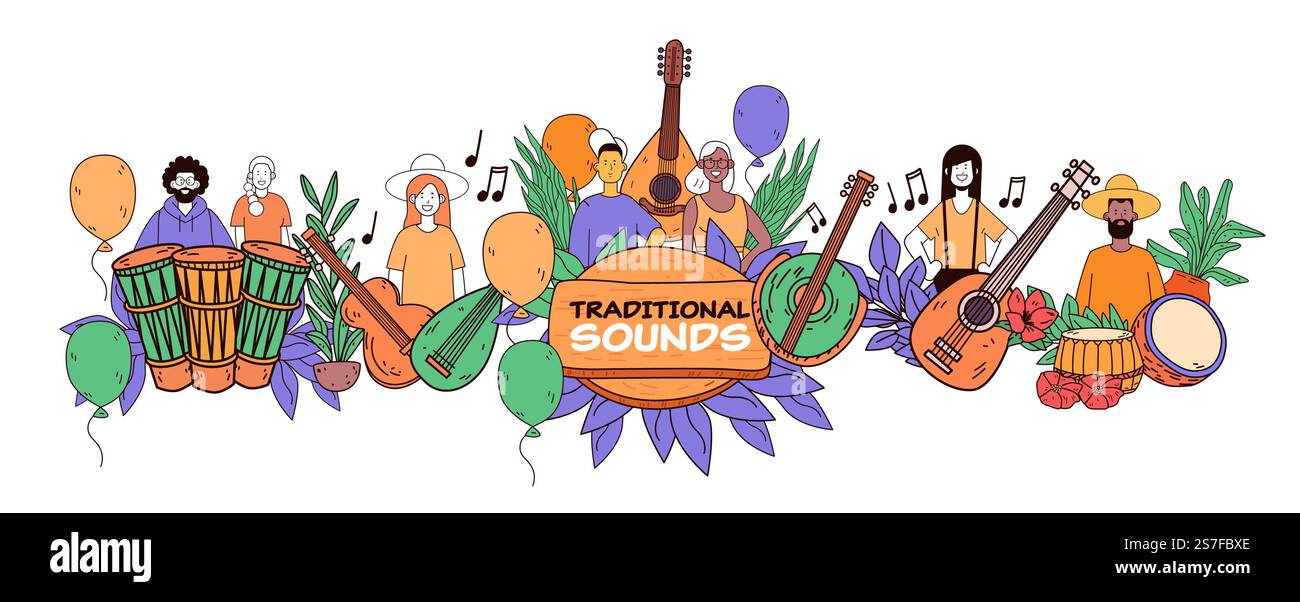 Traditional music festival celebration with diverse people playing ...
