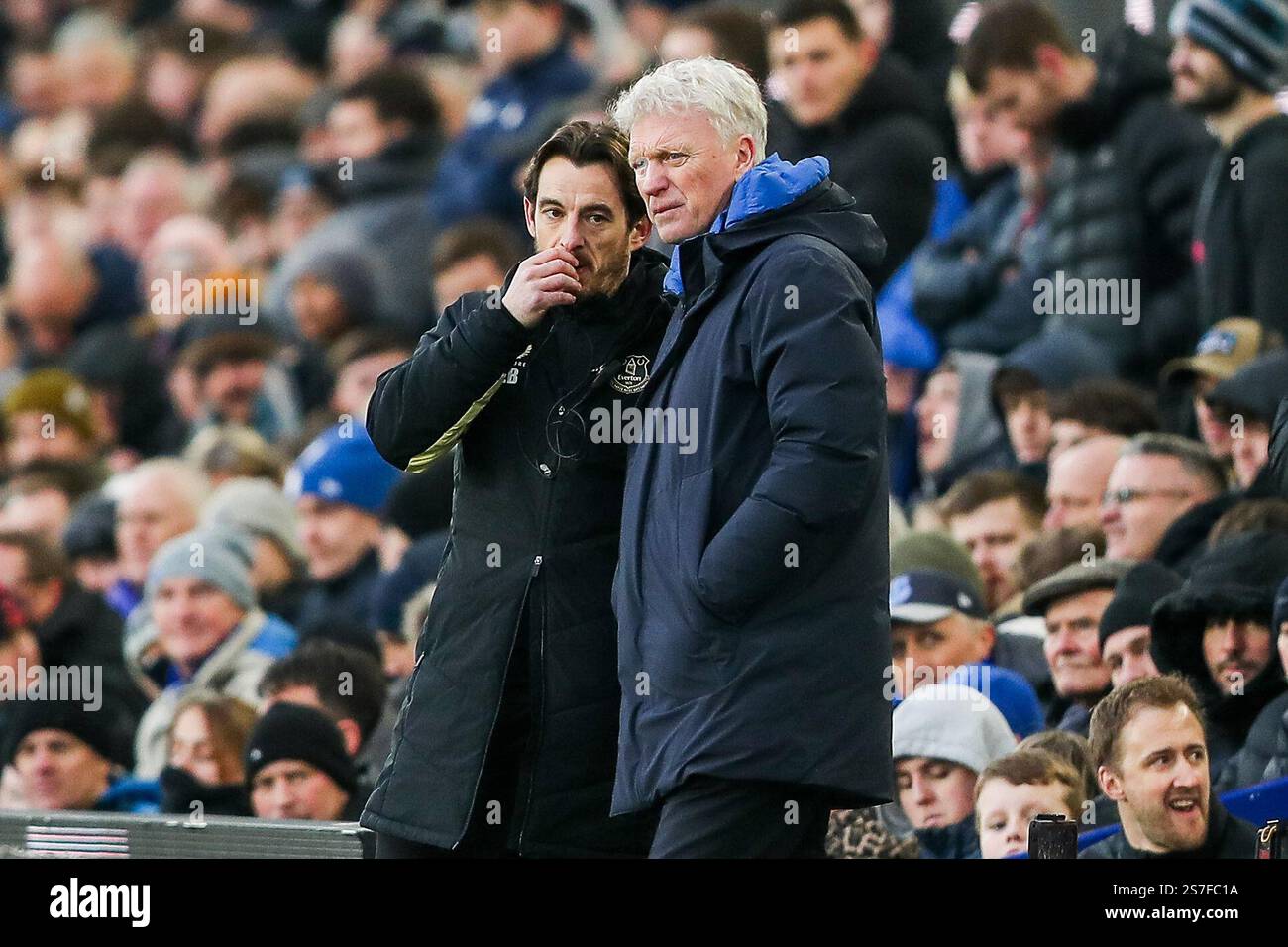 Liverpool, UK. 19th Jan, 2025. Leighton Baines speaks to David Moyes of ...