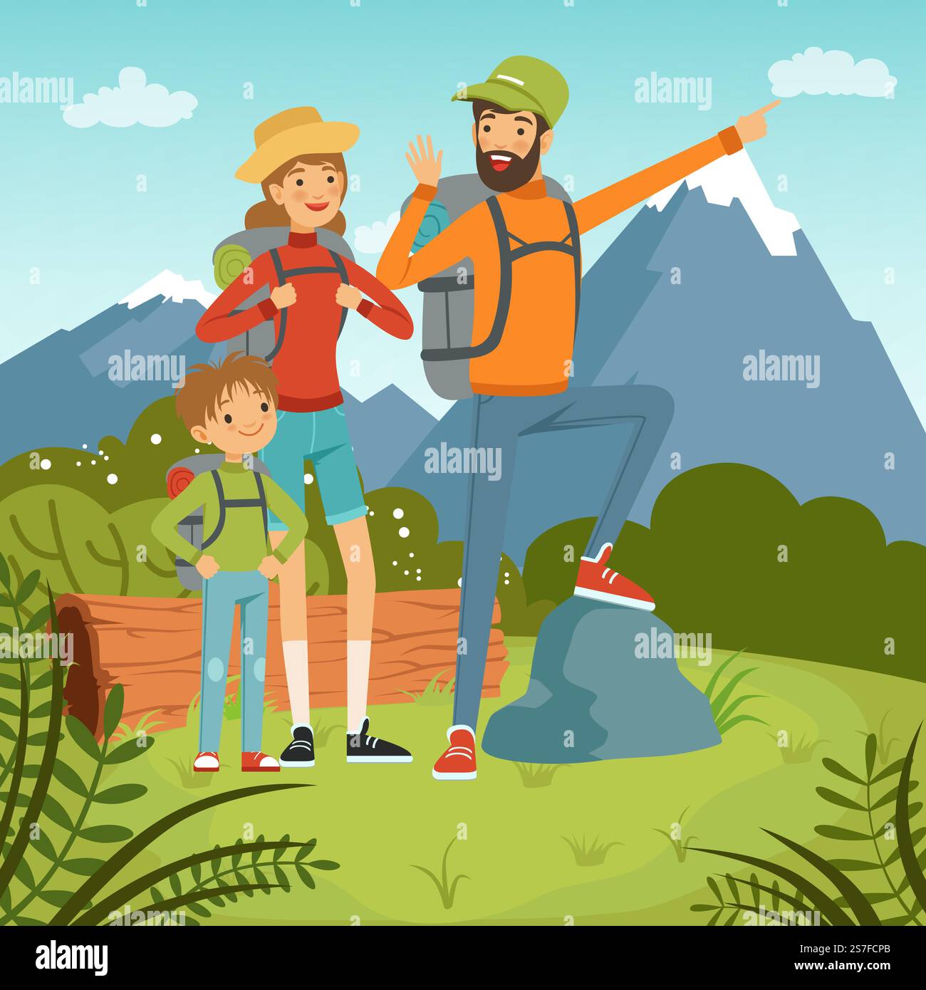 Family travellers. father mother and kids walking outdoor hiking. Vector cartoon background of ...