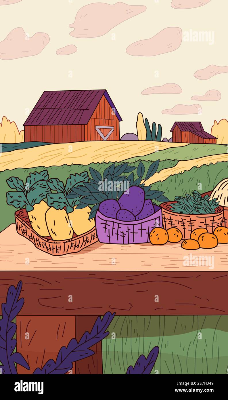Farm produce baskets rural landscape autumn harvest. Vegetables and ...