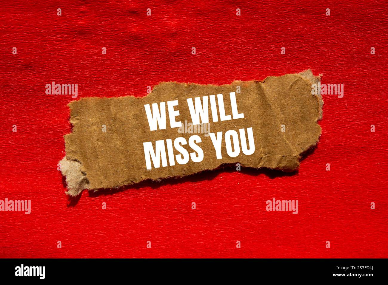 We will miss you message written on ripped torn cardbaord paper piece with red background ...