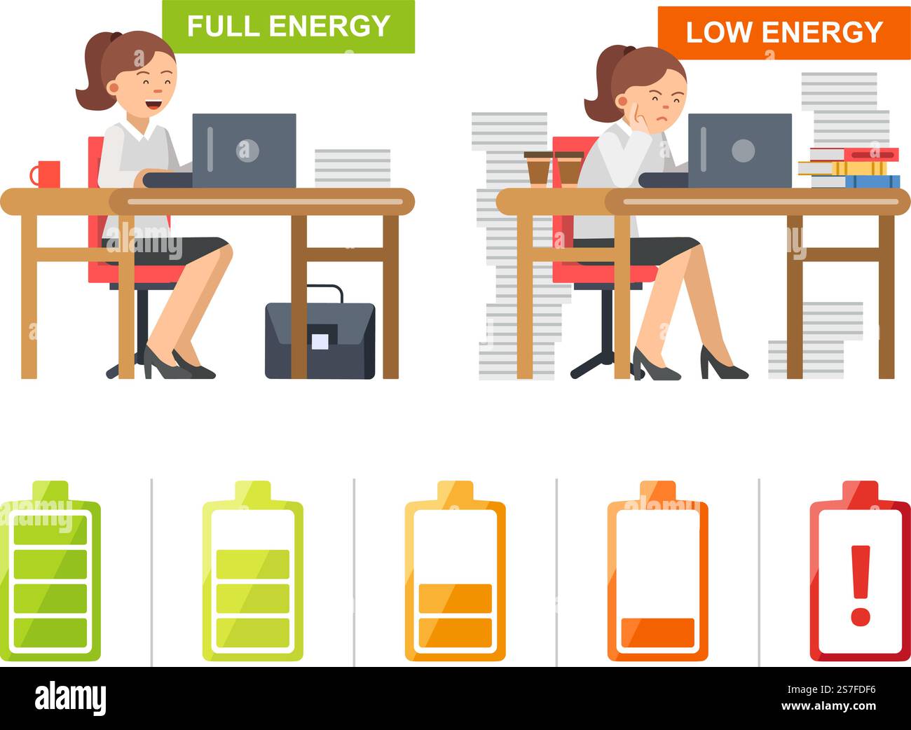 Full and low energy. tired female manager at work daily routine concept ...