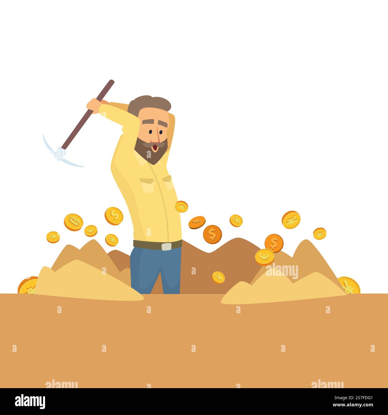 Miner working. workers with pickaxe smashing on golden stones and ...