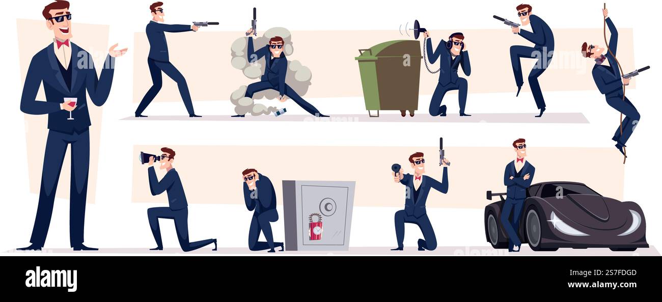 Spy agent. Secret detective working moving in action poses exact vector ...